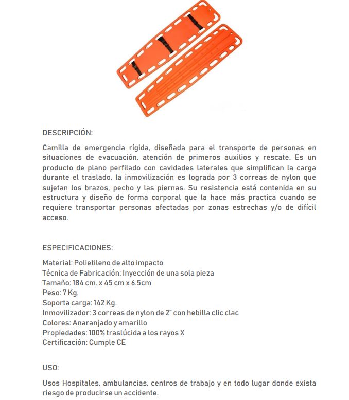 Camilla de emergencia Plástica Naranja - Central de suministros gs
